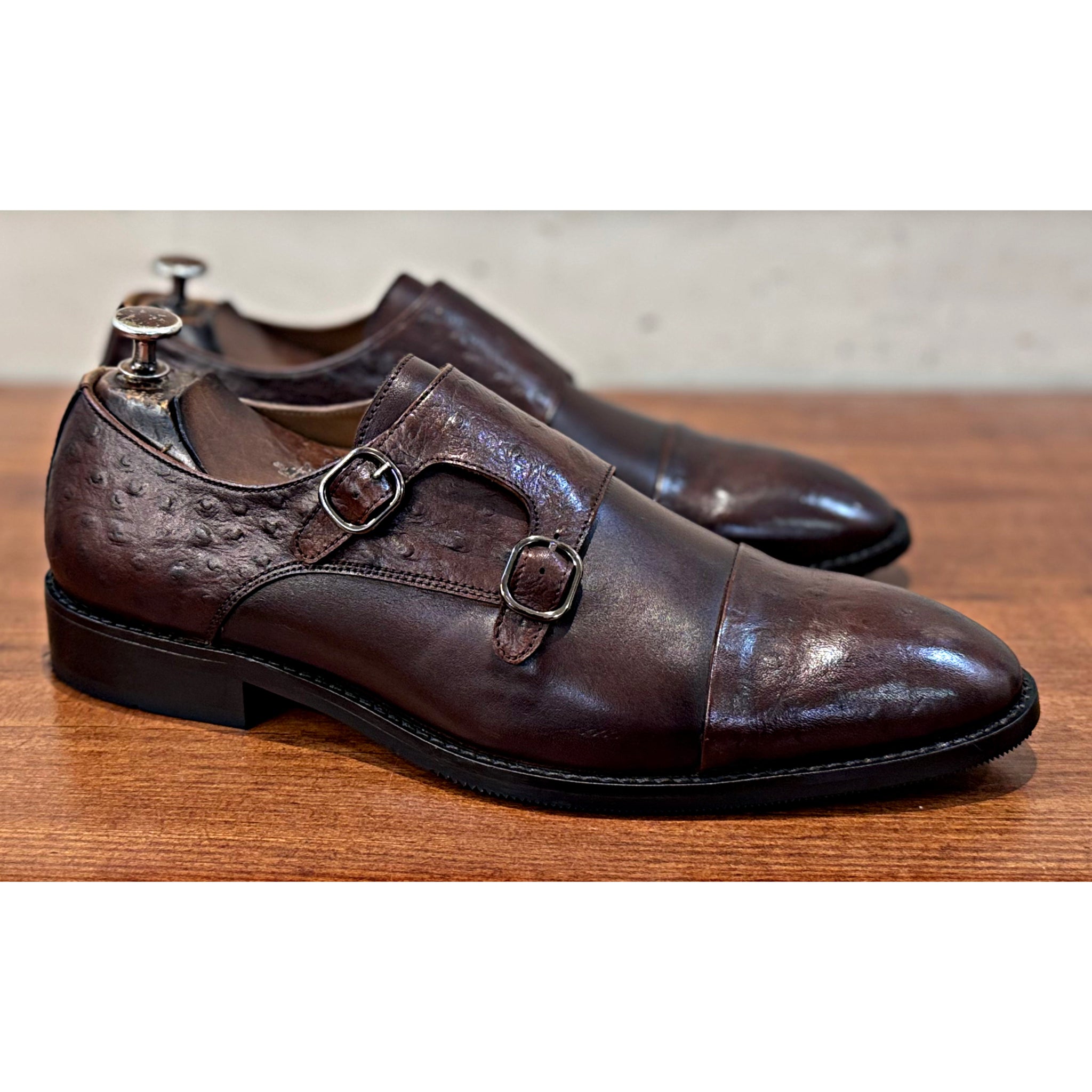Brown Double Monks With Ostrich Print
