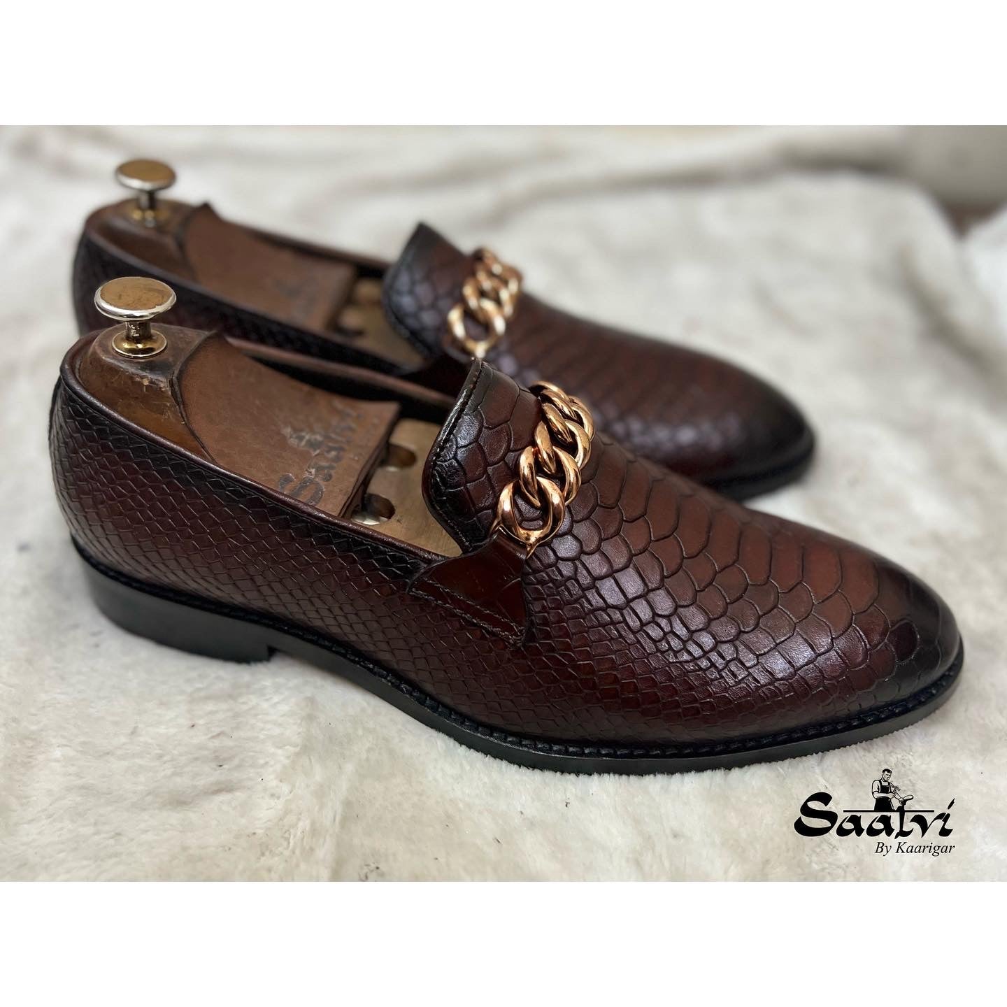 Python Embossed Loafers With Chain