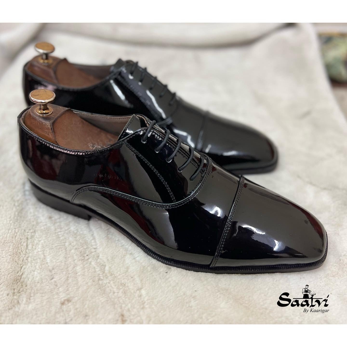 Black Patent Toe Cap Leather Oxford Shoes By Saalvi